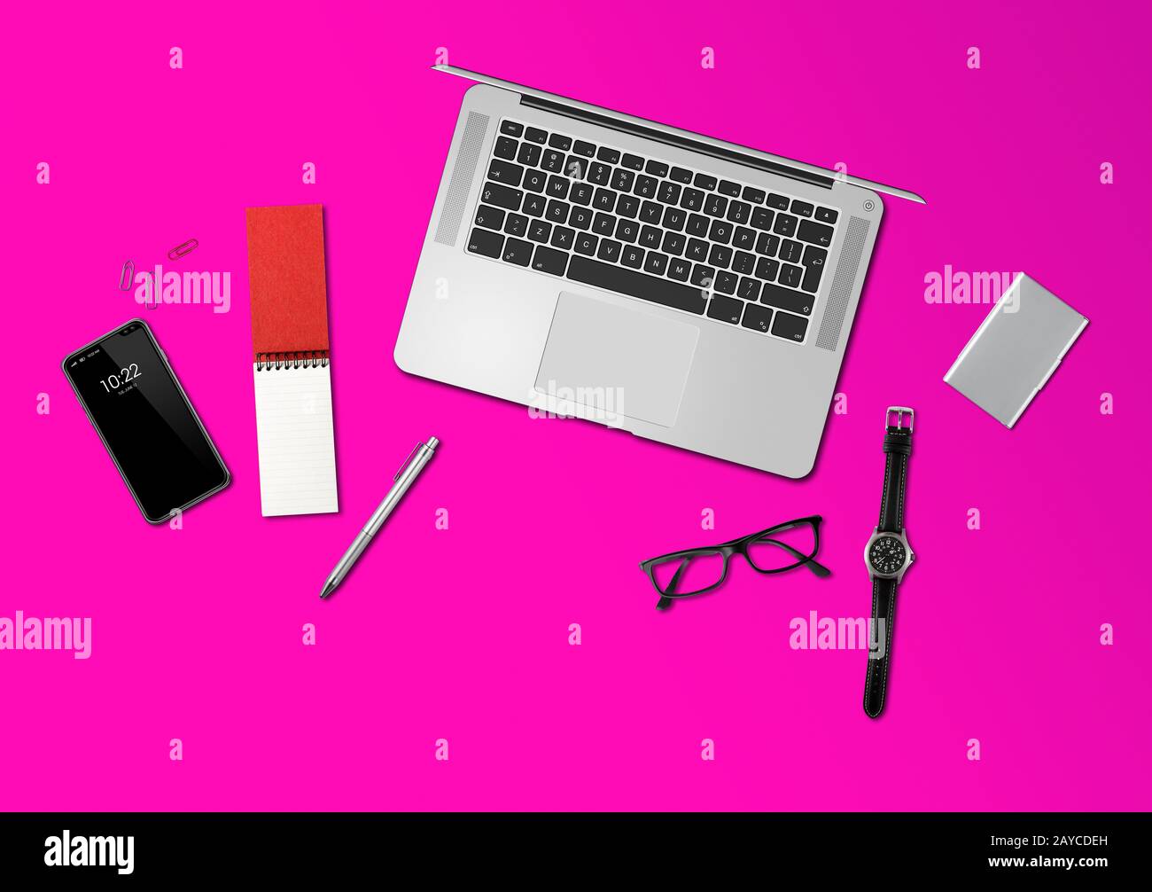Office desk mockup top view isolated on magenta pink Stock Photo - Alamy