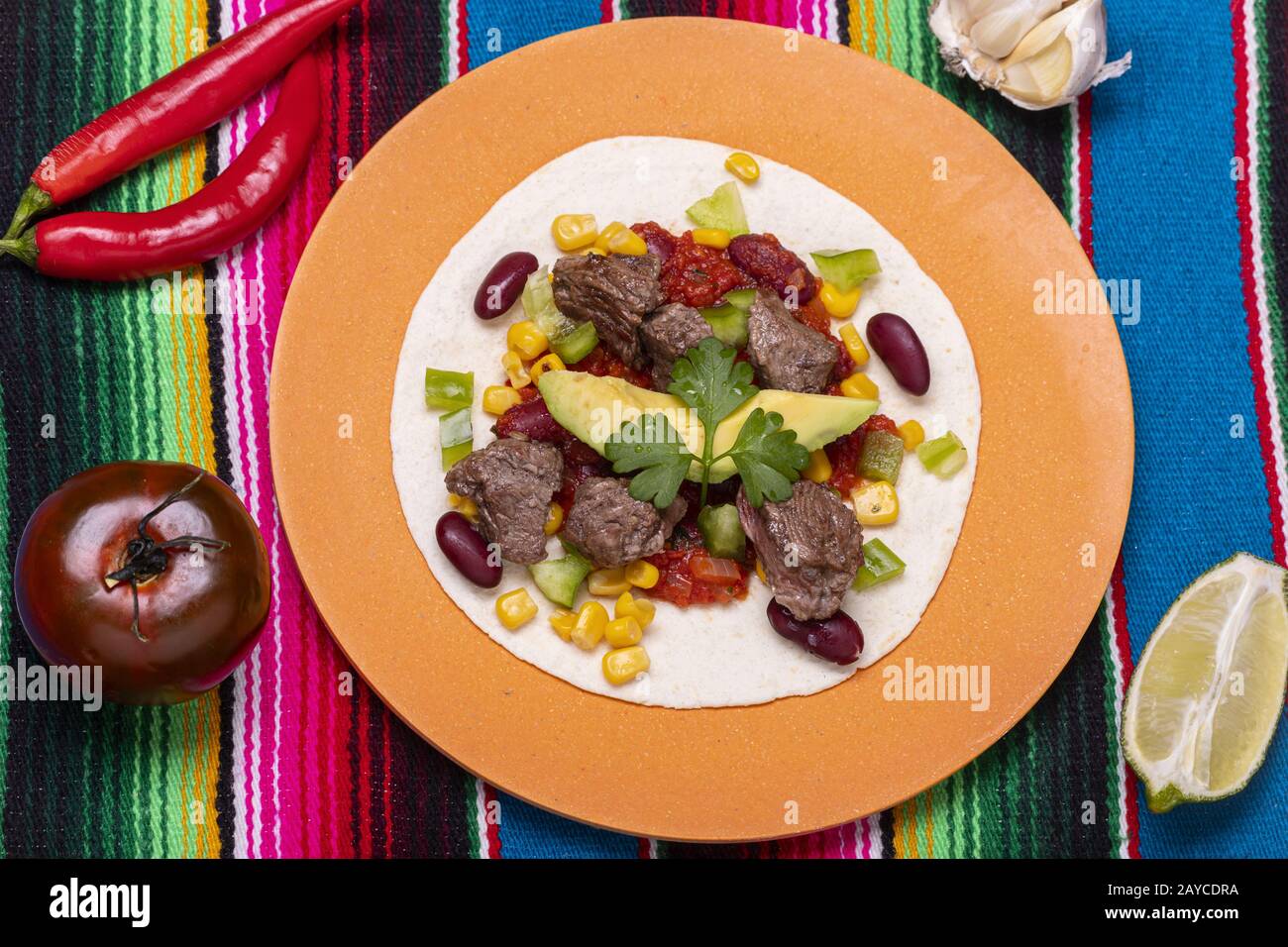 Overview of a tortilla with beef Stock Photo - Alamy