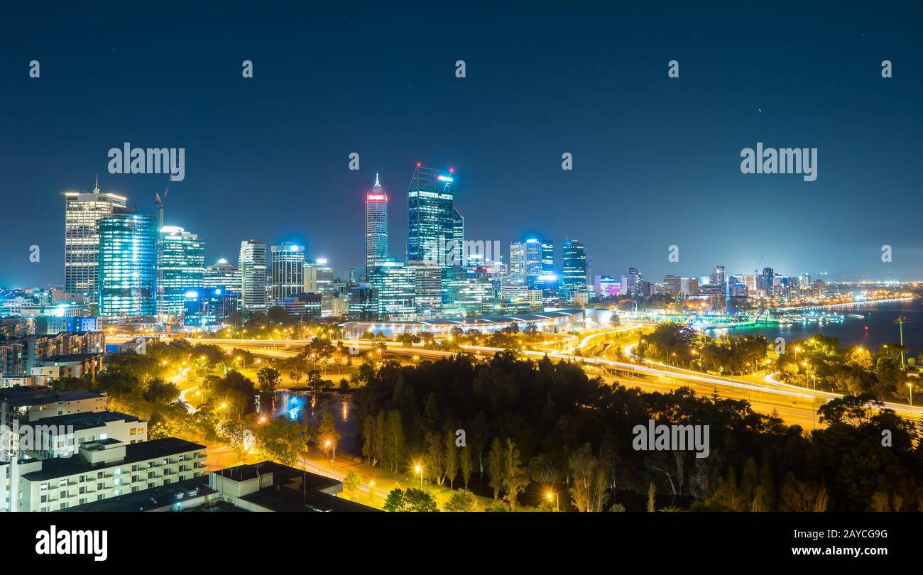 Skyline of Perth from Kings Park with a view of John Oldany Park at ...