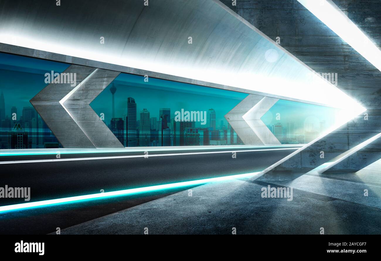 Modern asphalt road in glass tunnel with beautiful city skyline ...