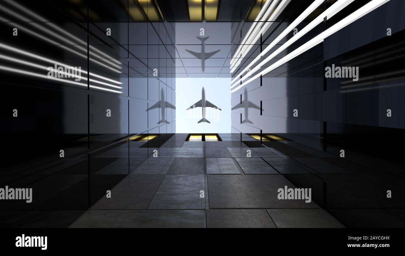 Plane flying over generic modern glass and concrete office buildings ...