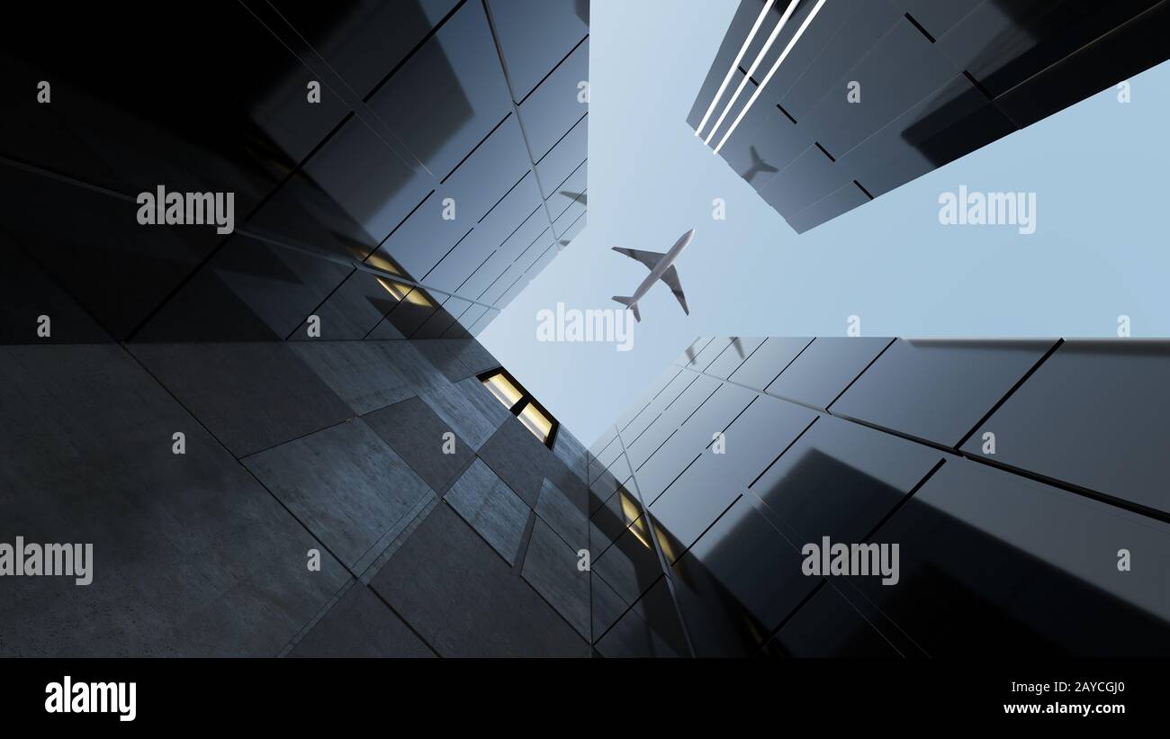 Plane flying over generic modern glass and concrete office buildings ...