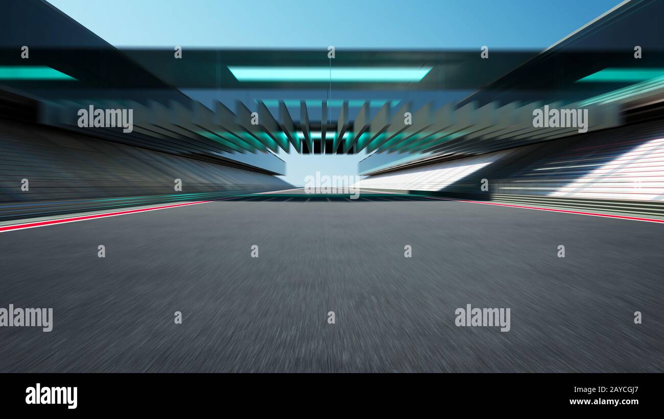 Side view motion blur empty asphalt international race track with ...