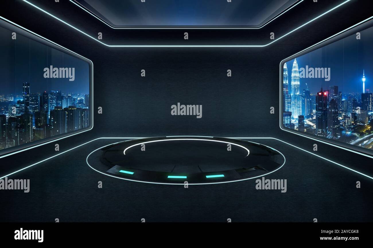 Futuristic pure white interior design of modern showroom with large ...