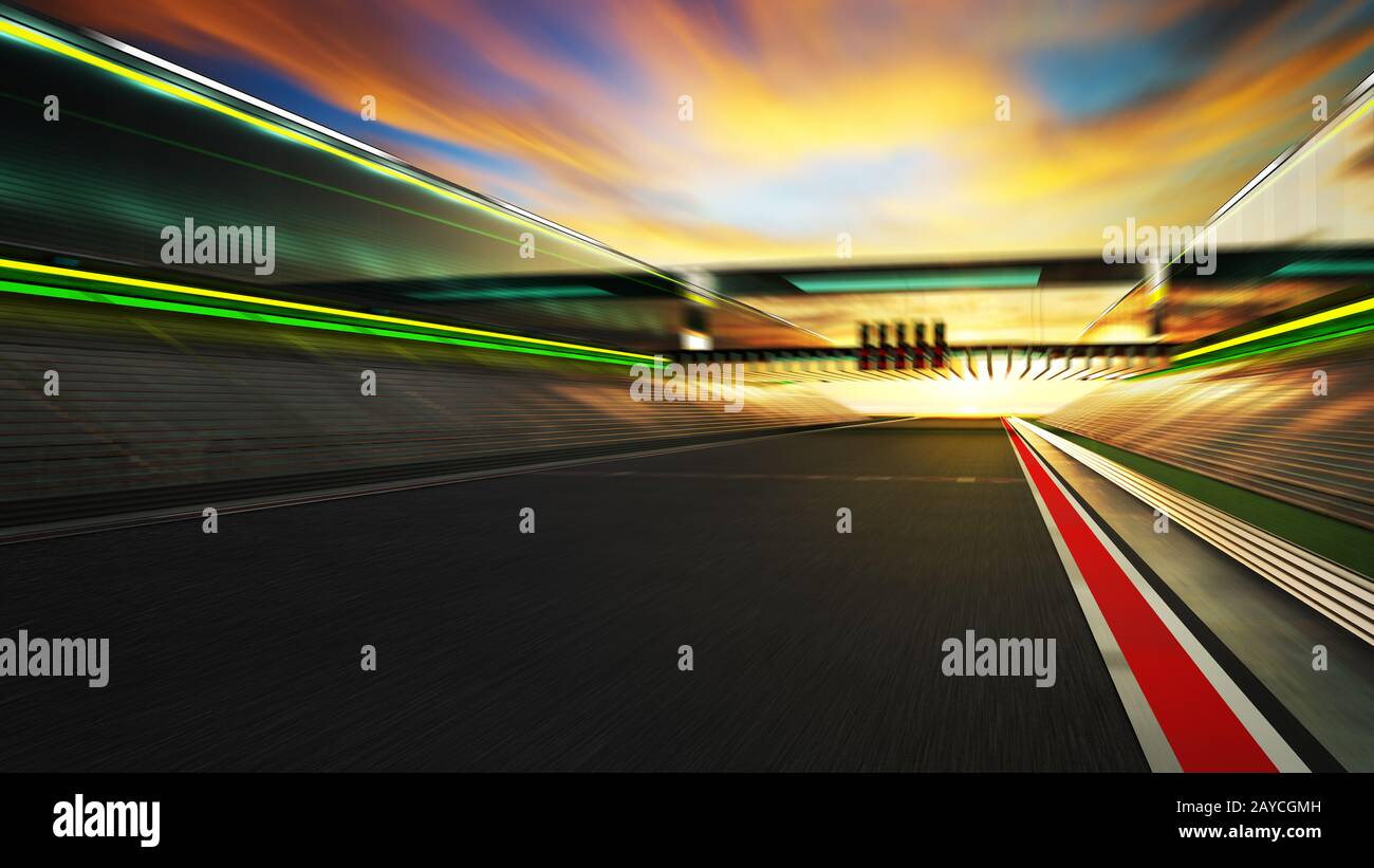 Motion blurred modern racetrack with bridge and sunset background Stock ...