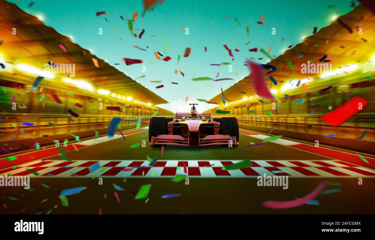 Race driver pass the finishing point at international race track with ...