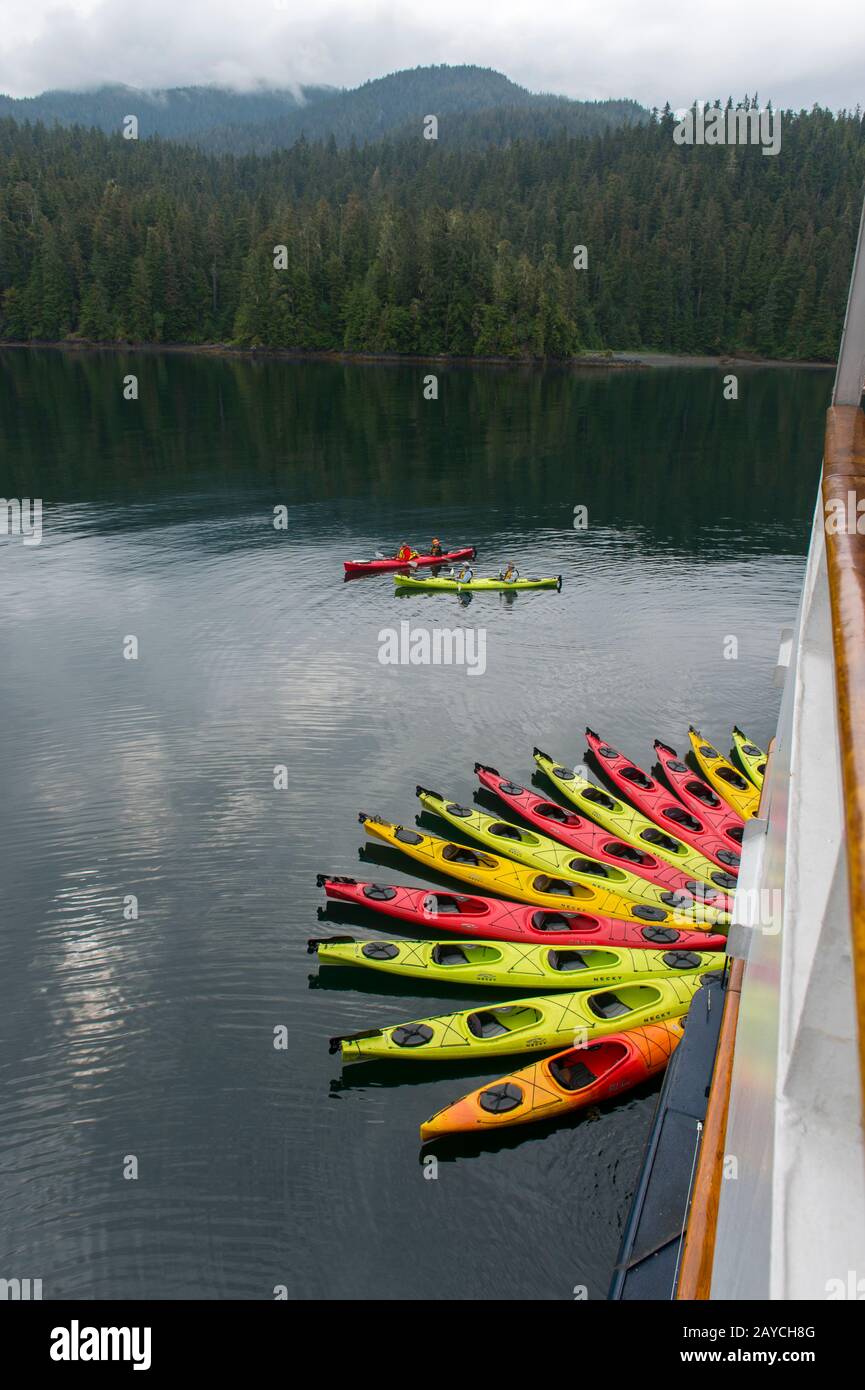 Kayaks at the cruise ship Safari Endeavour in Windham Bay, Stephens ...