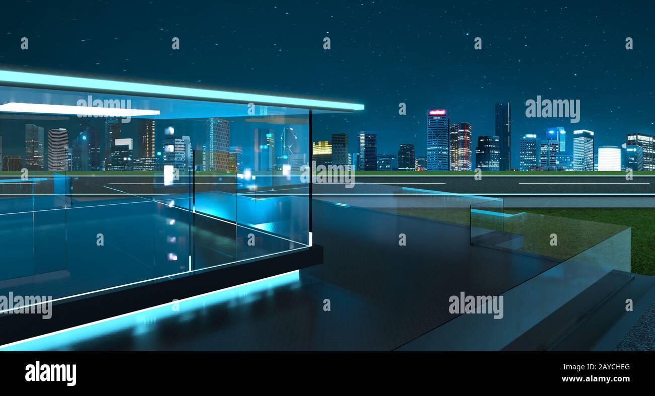 3D rendering of a modern glass balcony with city skyline real ...