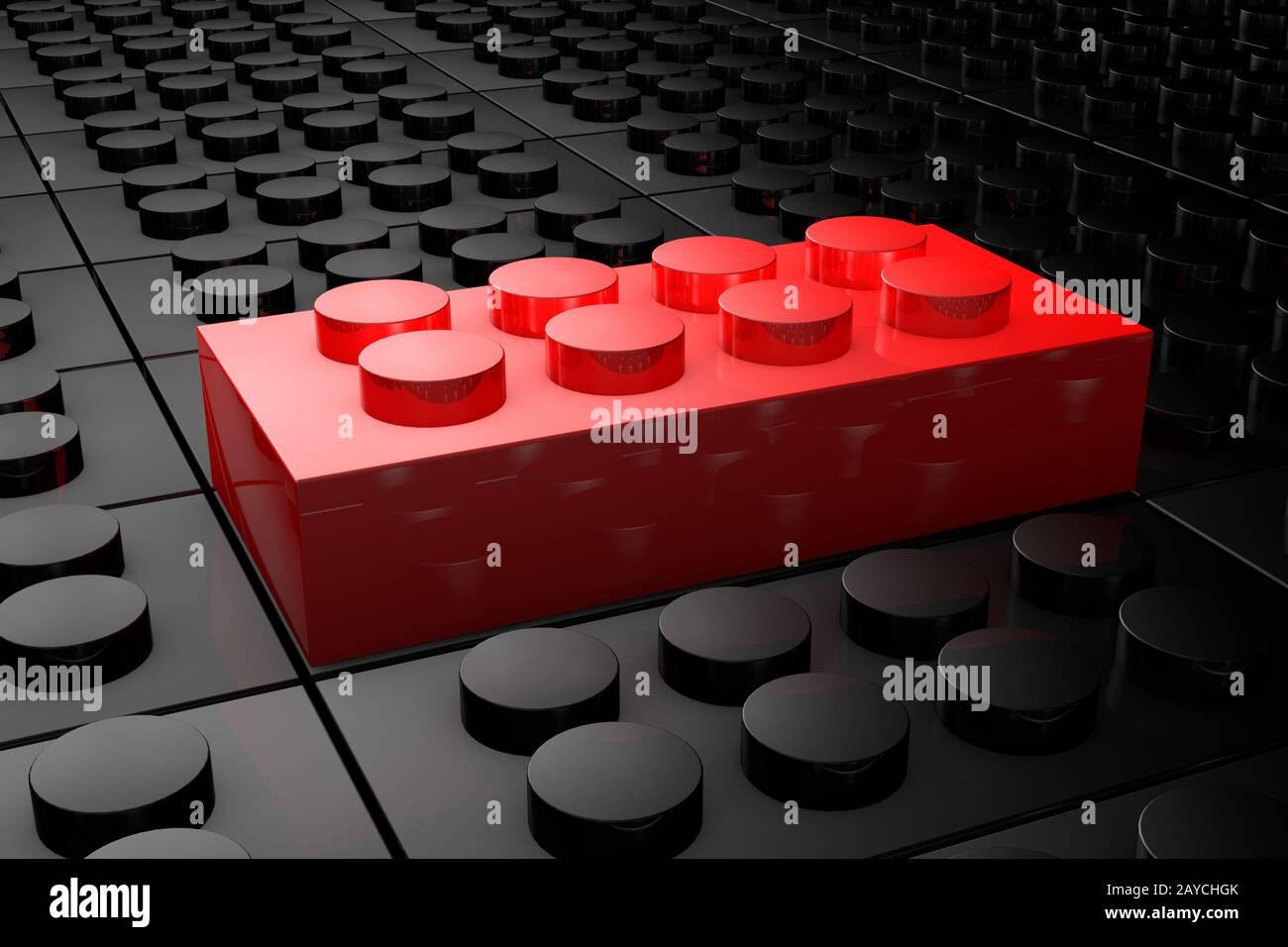 3D rendering red toy bricks standing out from crowd of black toy bricks ...