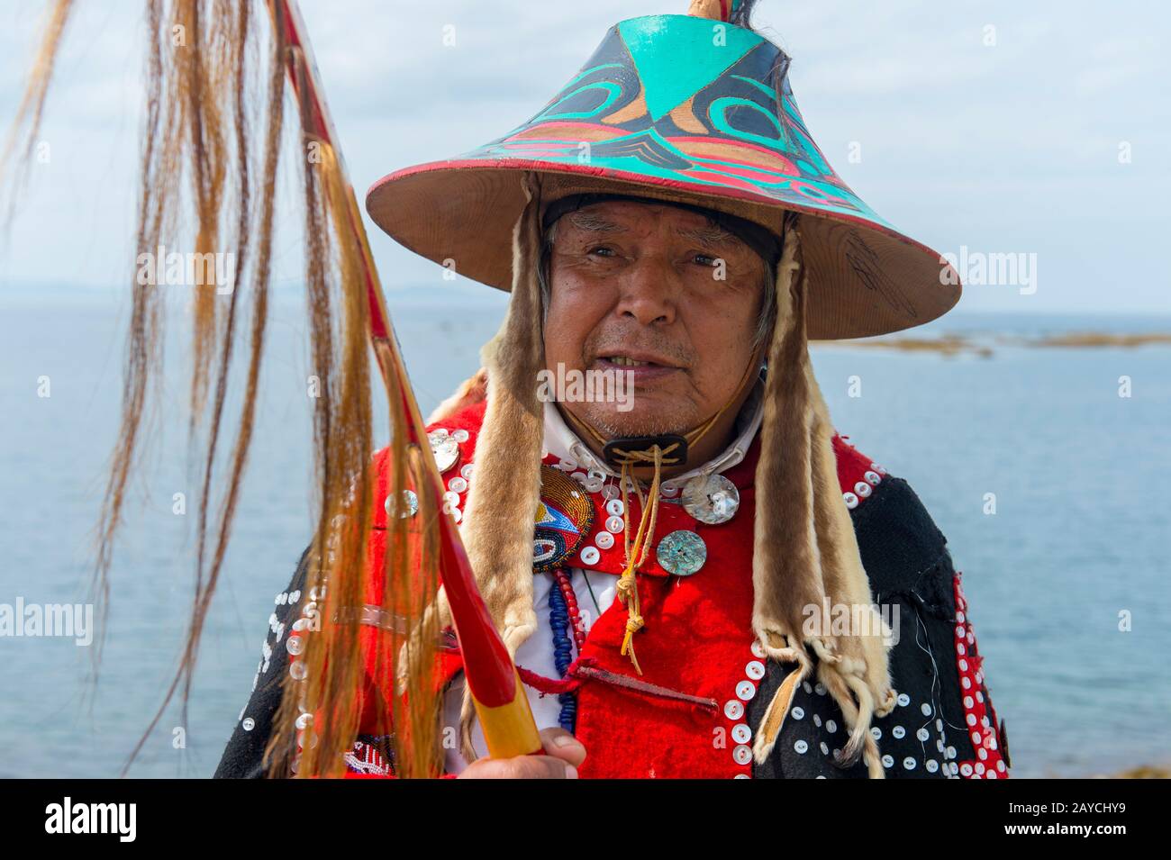 A Tlingit tribe elder in traditional dress in the village of Kake, a ...