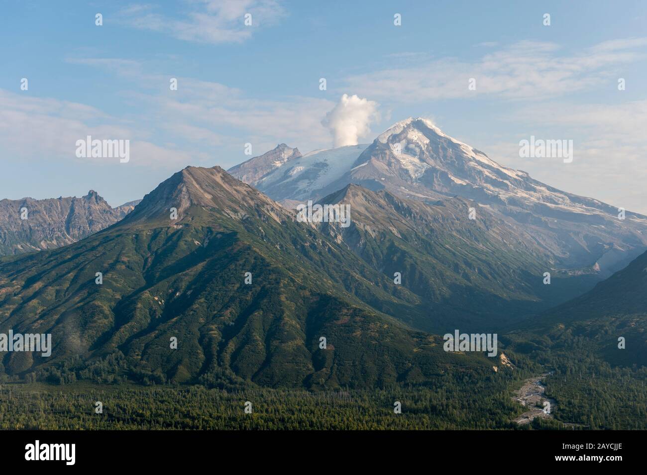 Aerial view of Redoubt Volcano (Mount Redoubt) in the Chigmit Mountains ...