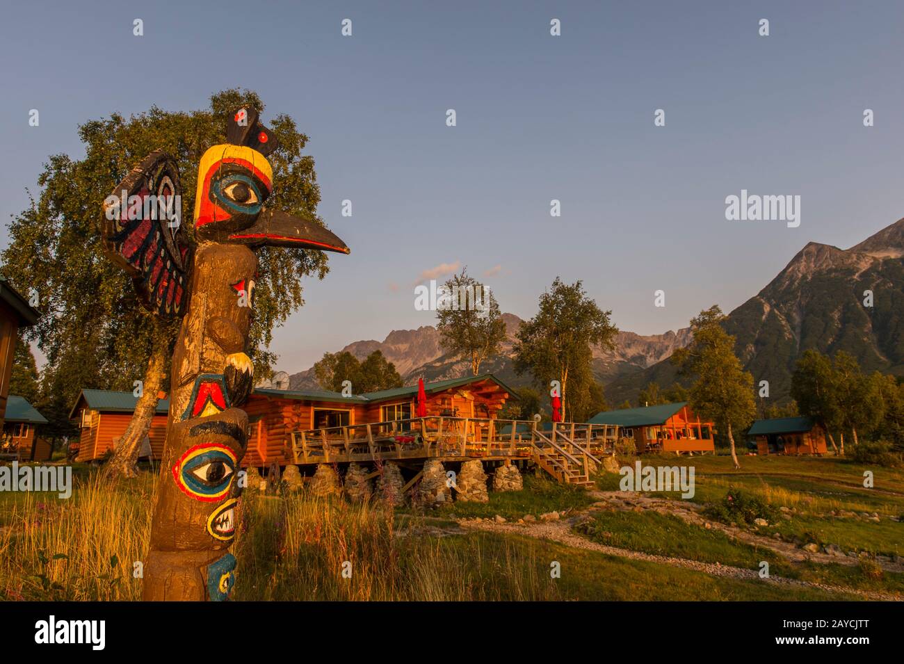 A totem pole at Redoubt Mountain Lodge on Lake Crescent in Lake Clark ...