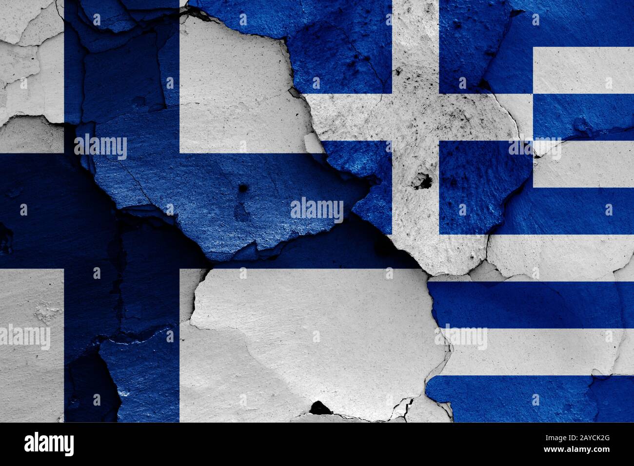 flags of Finland and Greece painted on cracked wall Stock Photo - Alamy
