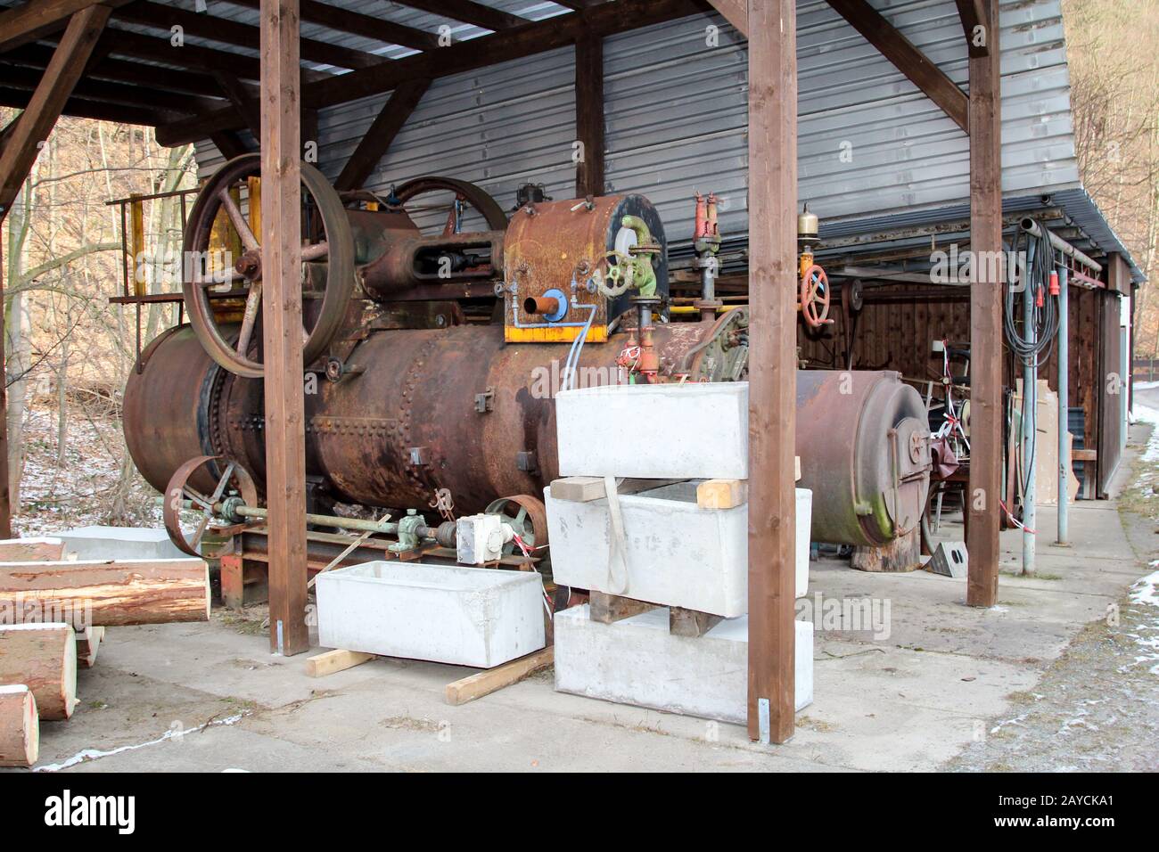 This is an old steam engine for operating machines of a sawmill Stock ...