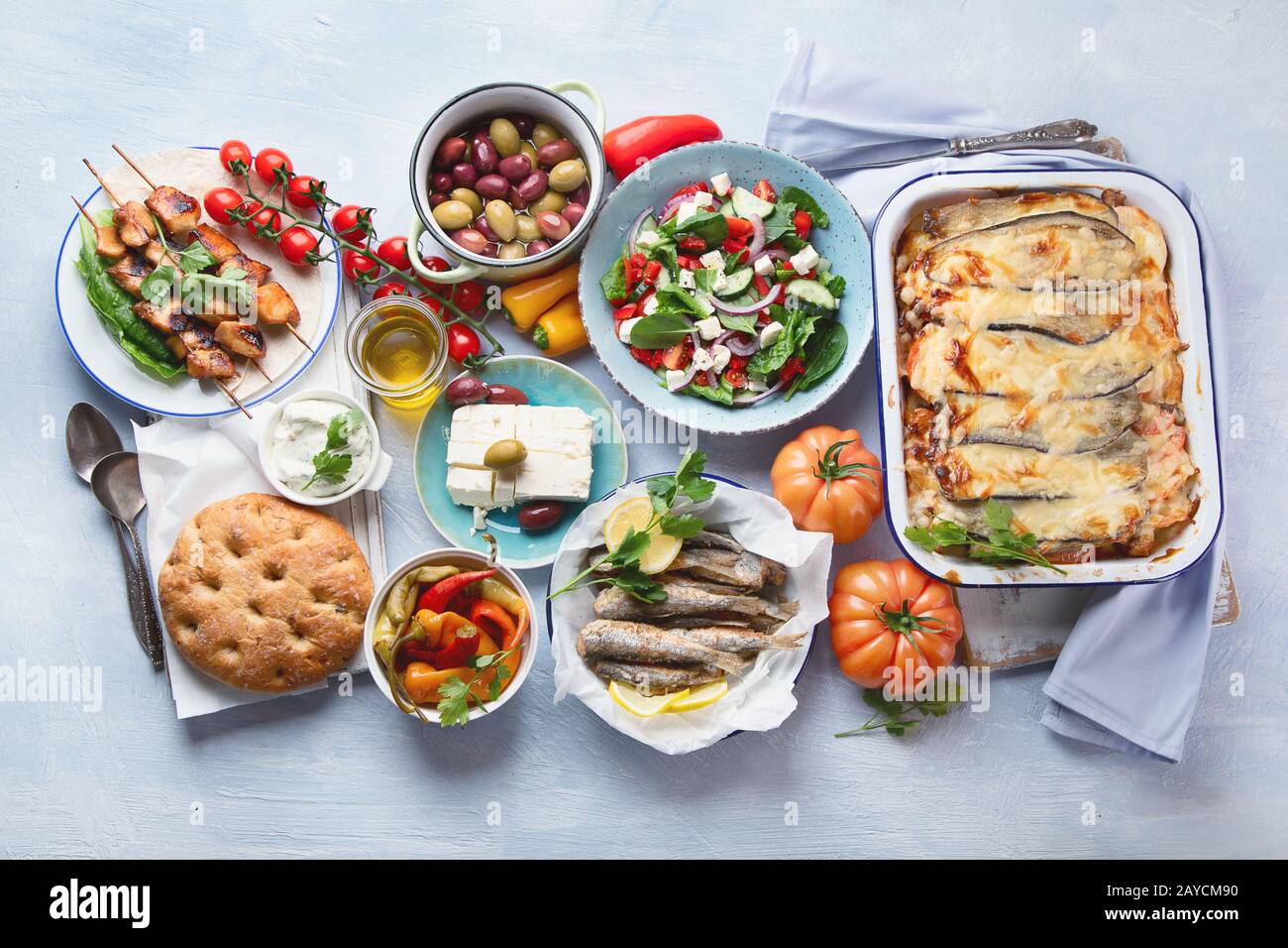 Greek food. Moussaka, meze, souvlaki, fish, pita, greek salad, tzatziki ...