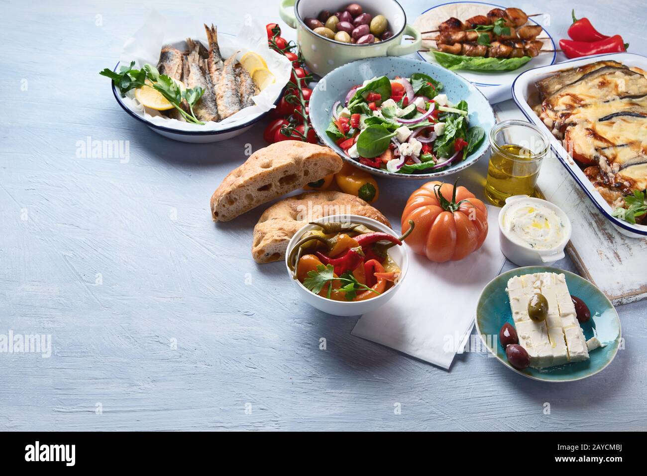 Greek food. Moussaka, meze, souvlaki, fish, pita, greek salad, tzatziki ...