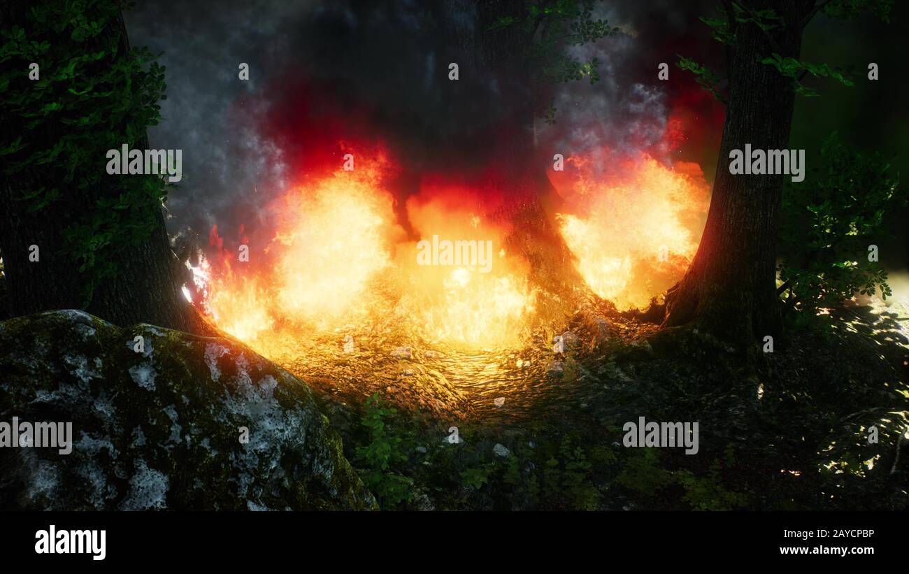 Wind blowing on a flaming trees during a forest fire Stock Photo - Alamy