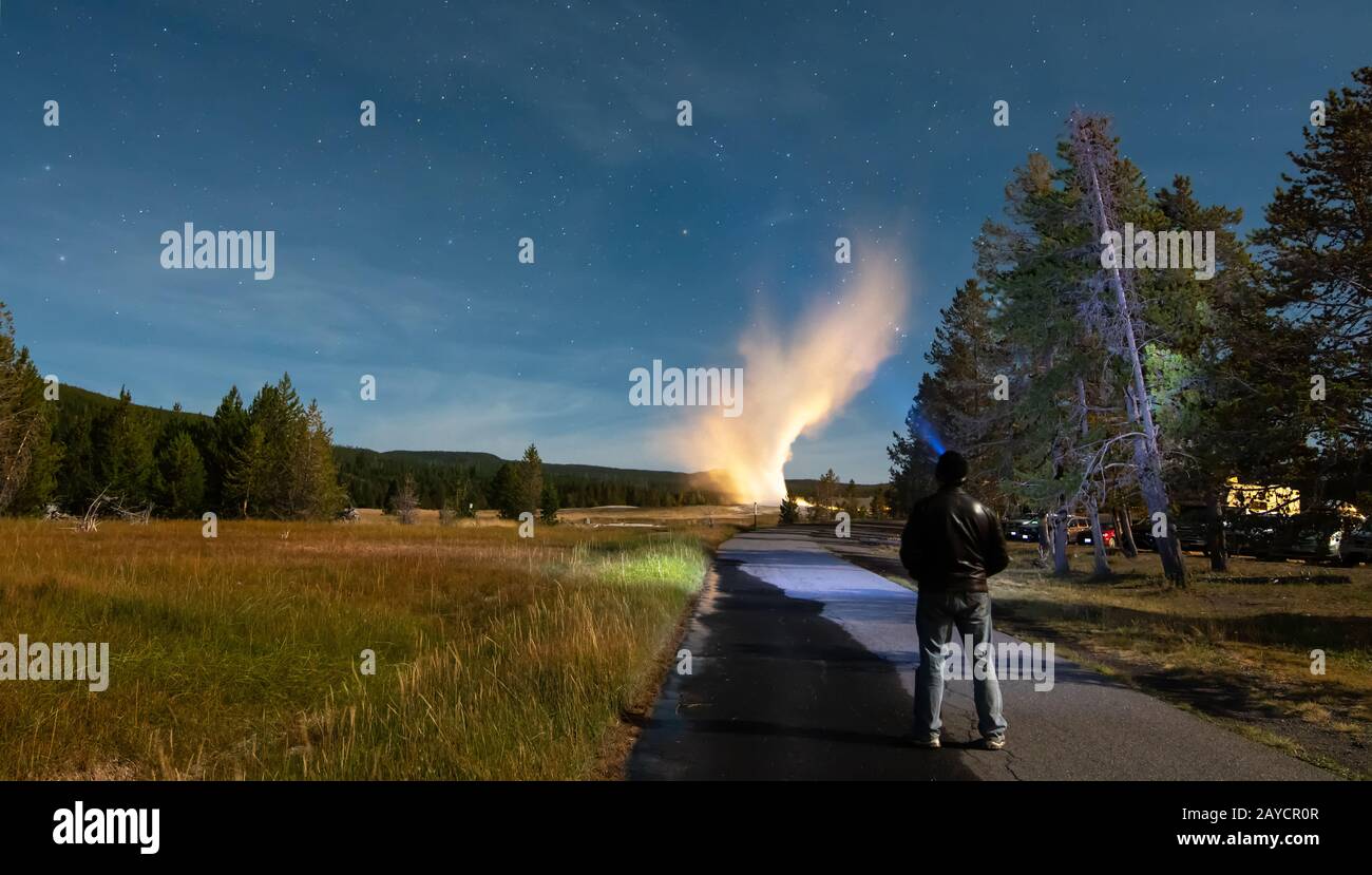 Old faithful yellowstone geyser night hi-res stock photography and ...