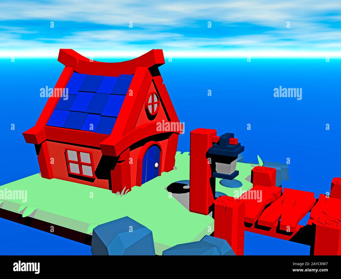colorful cartoon house with jetty in the water Stock Photo - Alamy