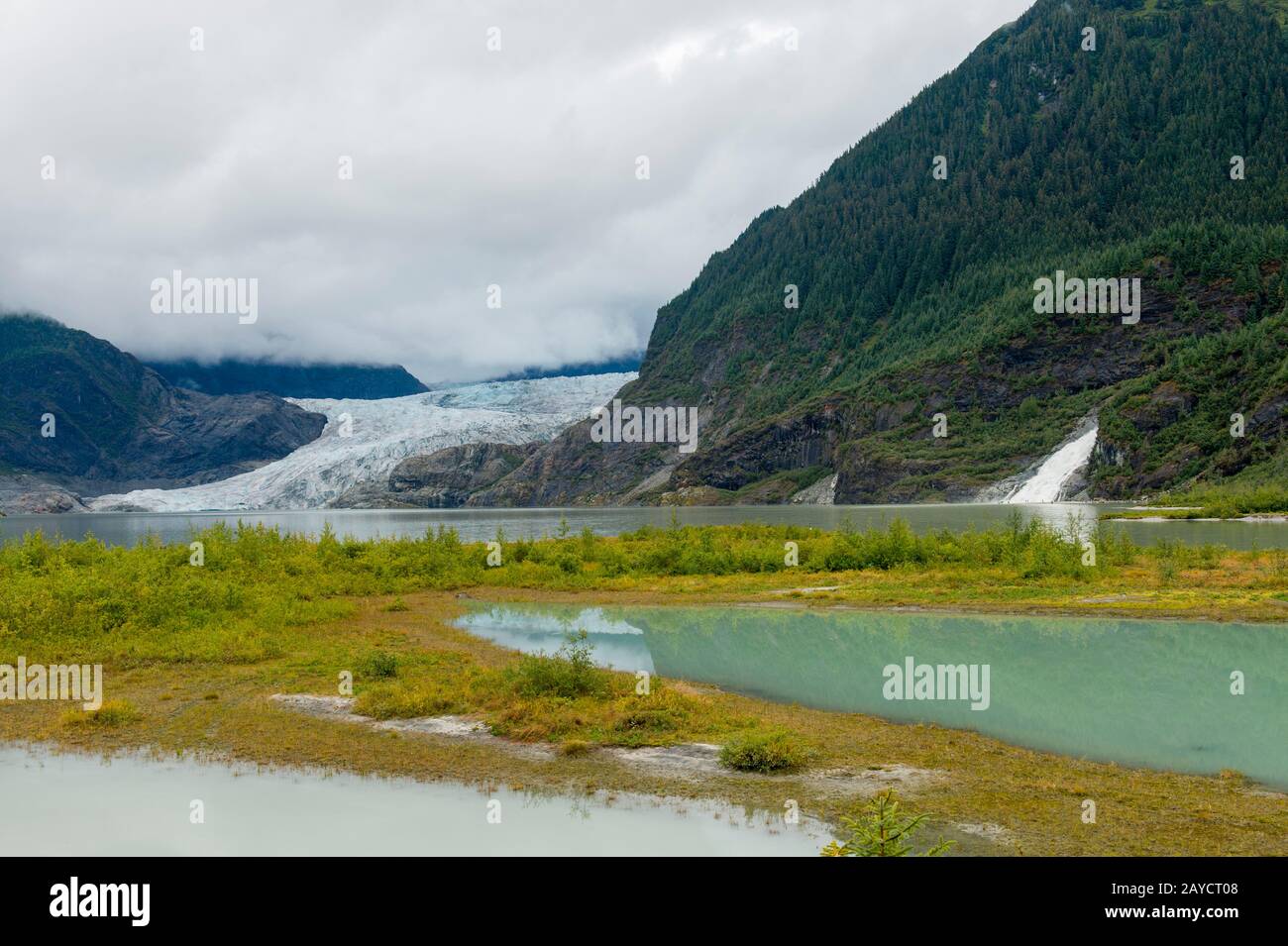 View from the Nugget Falls Trail of Mendenhall Glacier and Nugget Falls ...