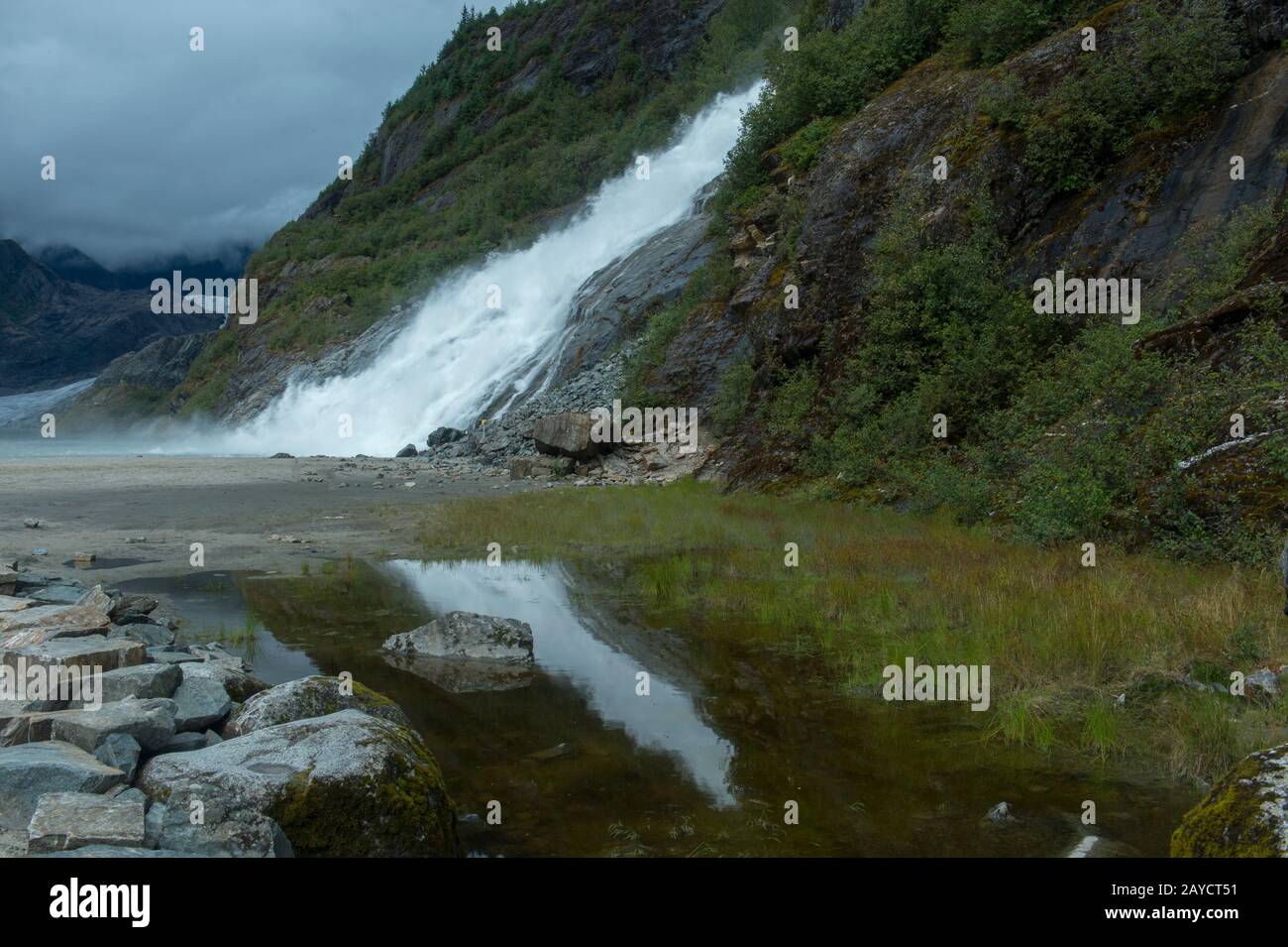 View of Nugget Falls waterfall with the Mendenhall Glacier in the ...