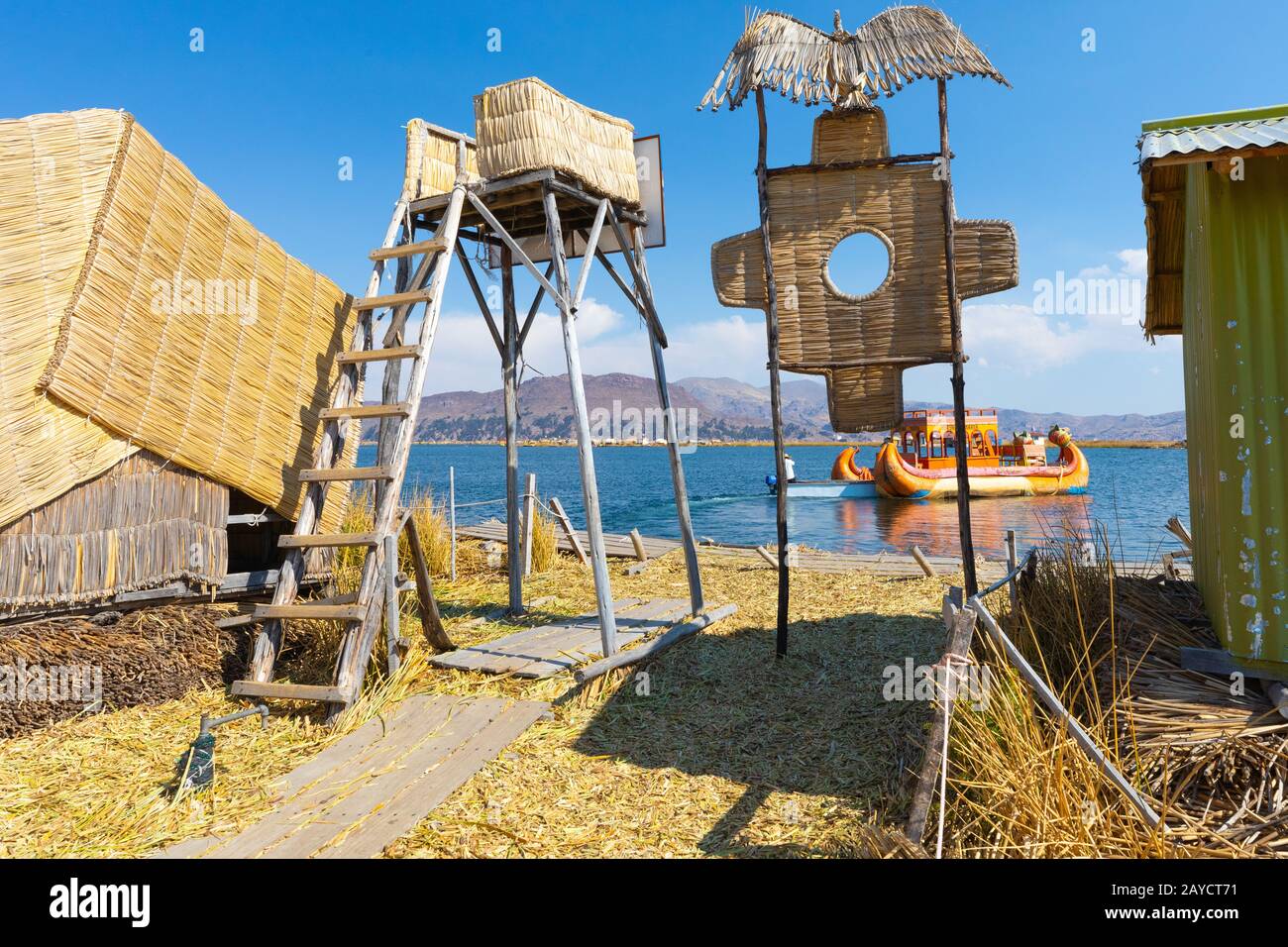 Puno Peru Titicaca lake lookout tower at the entrance to the floating ...