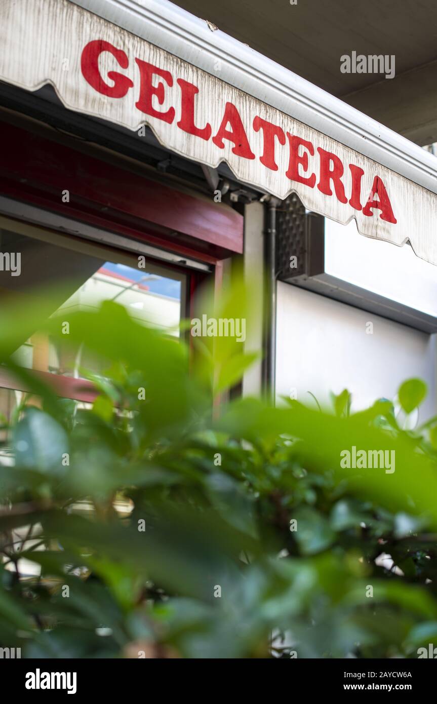 Text gelateria on sunblind. Italian ice cream. Facade on ice cream shop ...