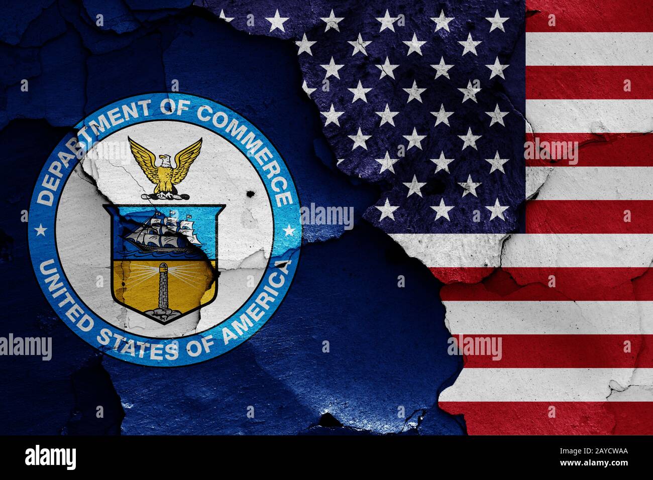 flags of Department of Commerce and USA painted on cracked wall Stock ...