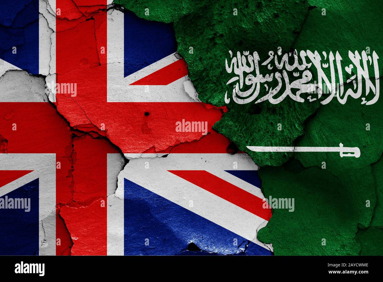 flags of UK and Saudi Arabia painted on cracked wall Stock Photo - Alamy