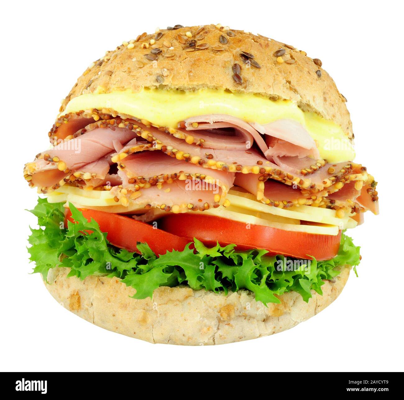 Peppered ham and cheese salad sandwich roll with mayonnaise isolated on ...