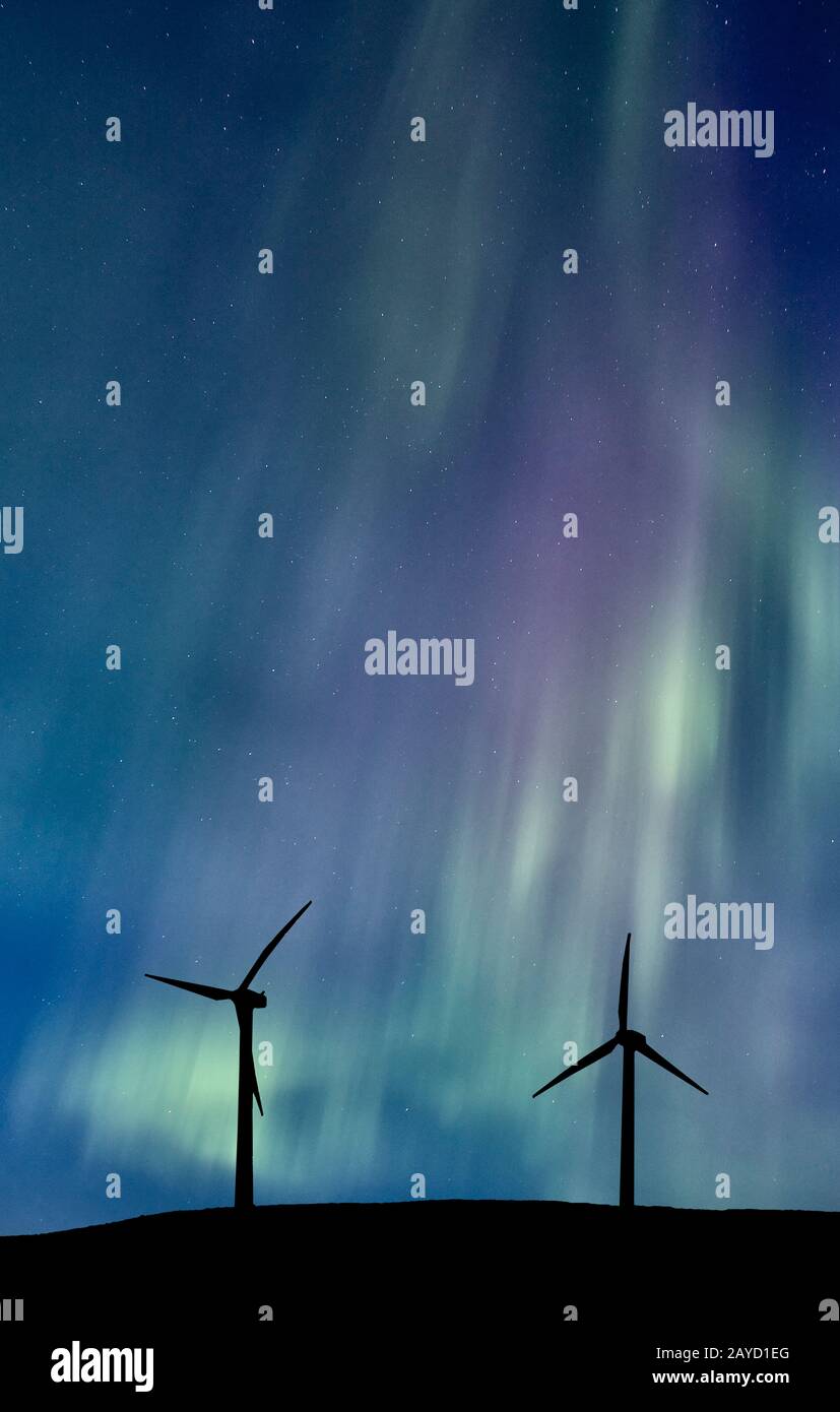 Wind Farm And Northern Lights Stock Photo - Alamy