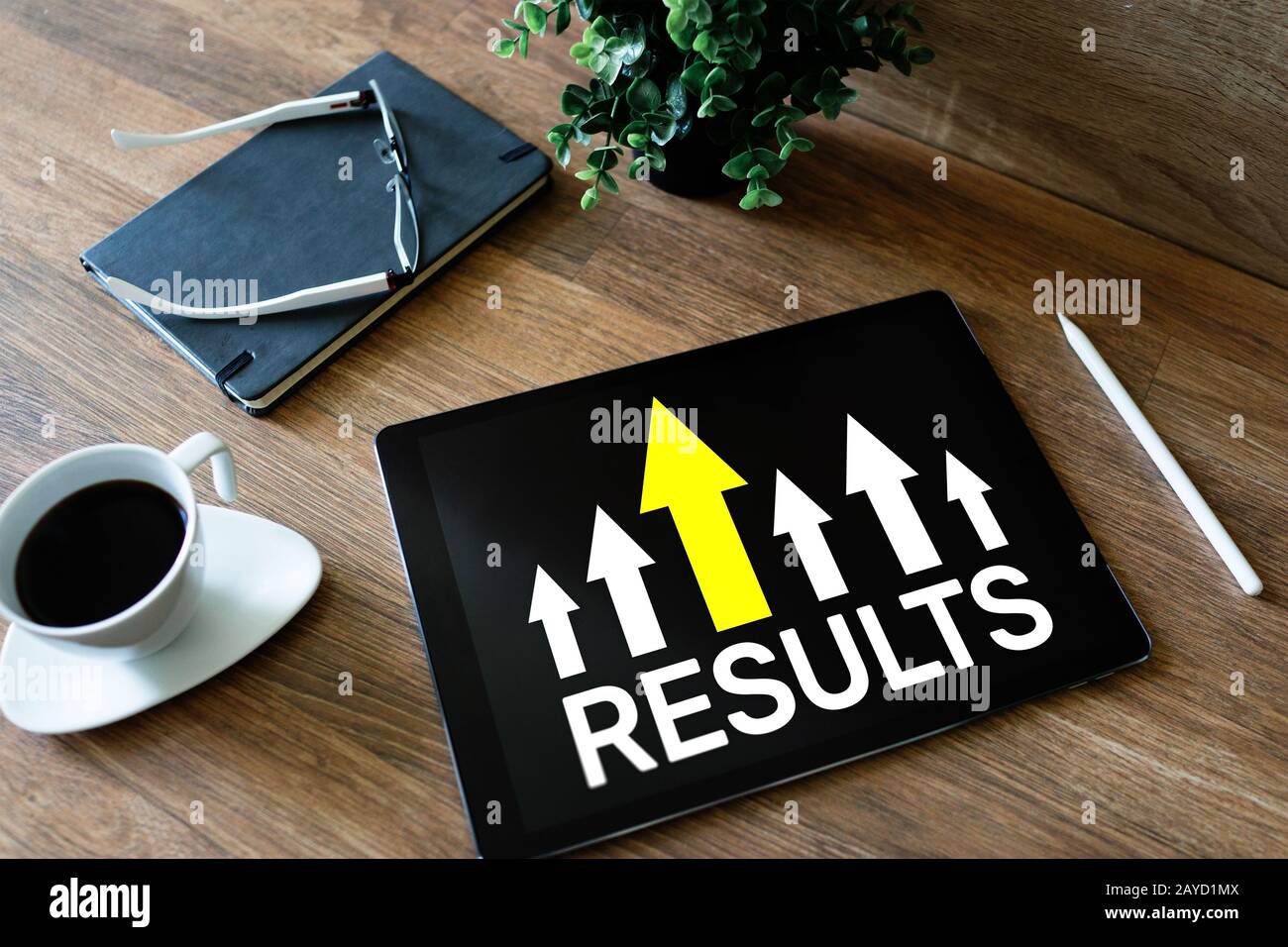 Results growth arrow on screen. Business and personal development ...