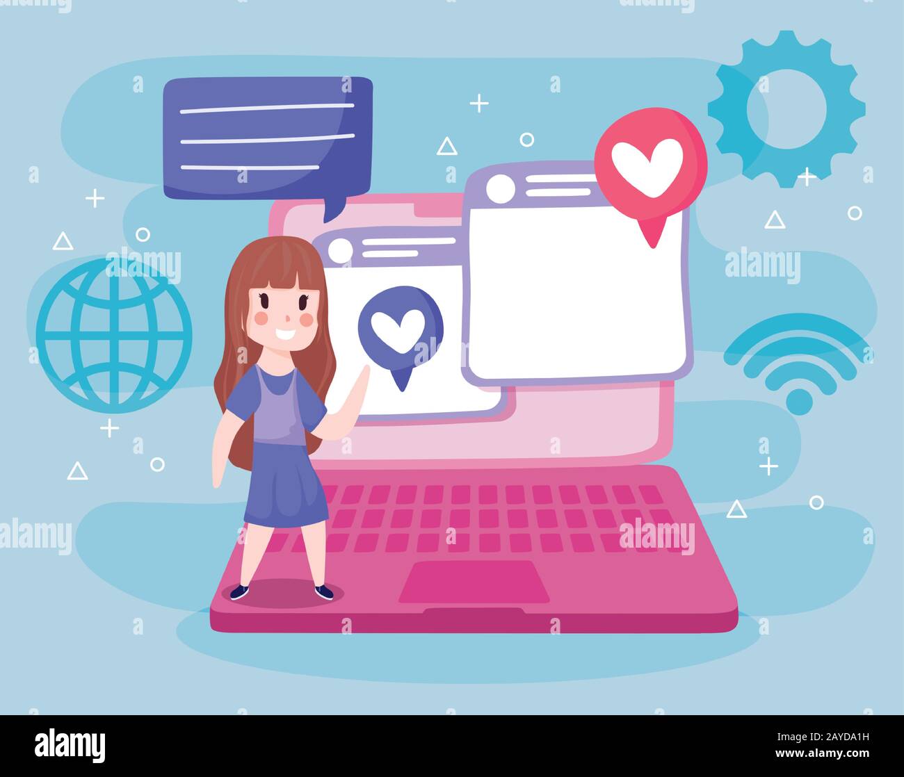 Girl cartoon with laptop design, Social media multimedia communication ...
