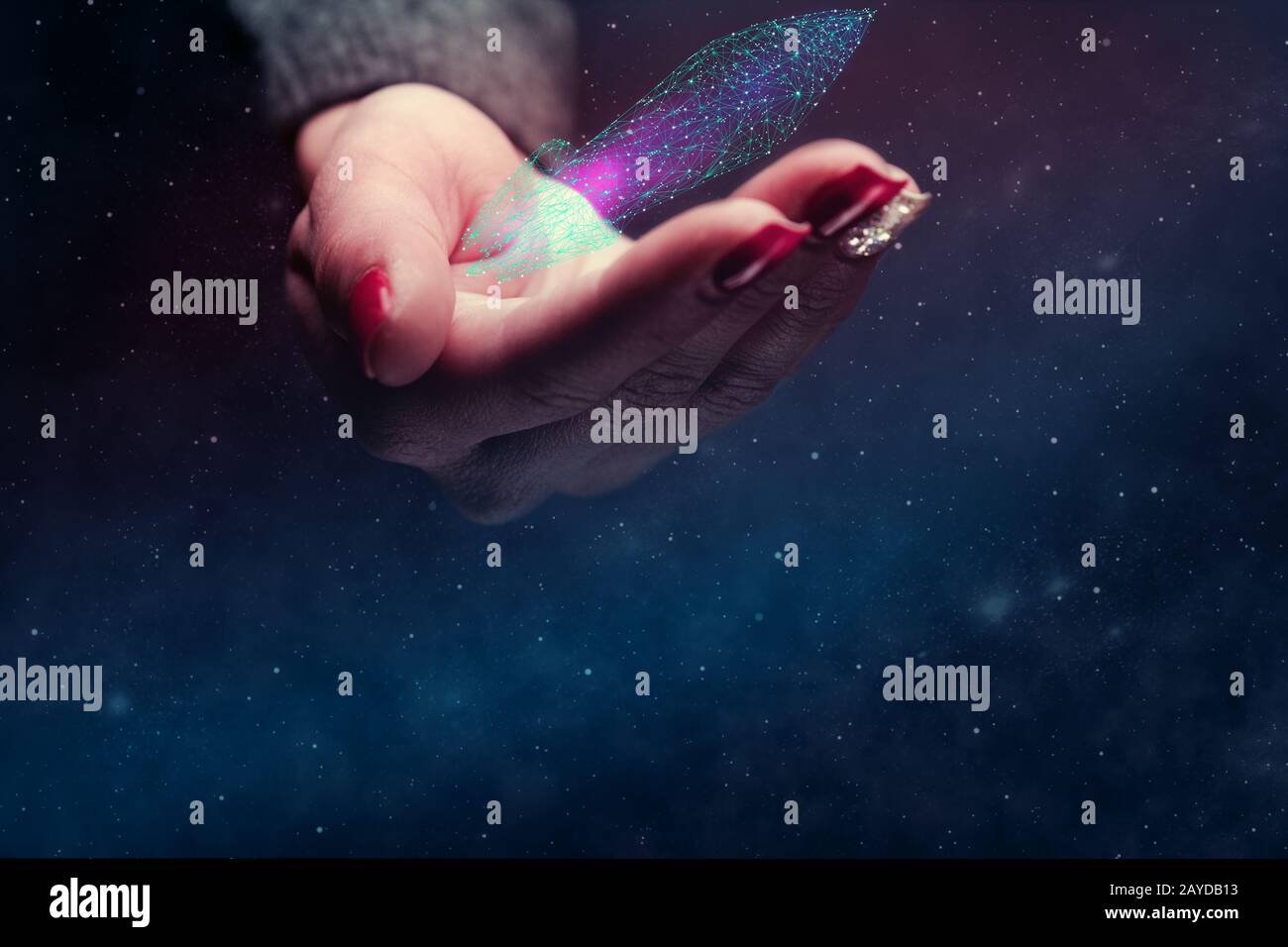 Human hand holding Rocket low poly. Nebula dust. Mixed media Stock ...