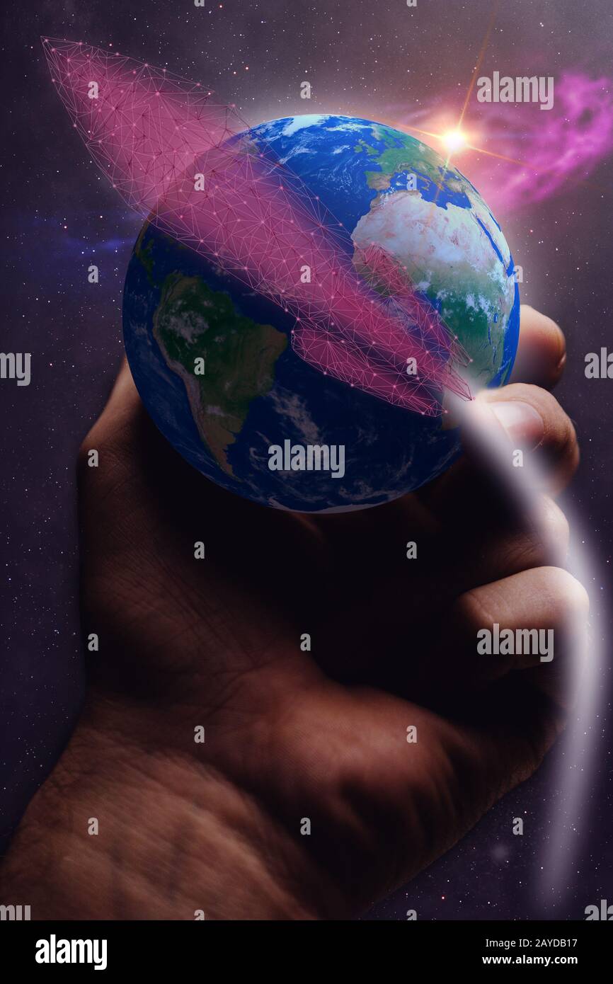 Whole world in human hands plam and Rocket low poly. Mixed media Stock ...