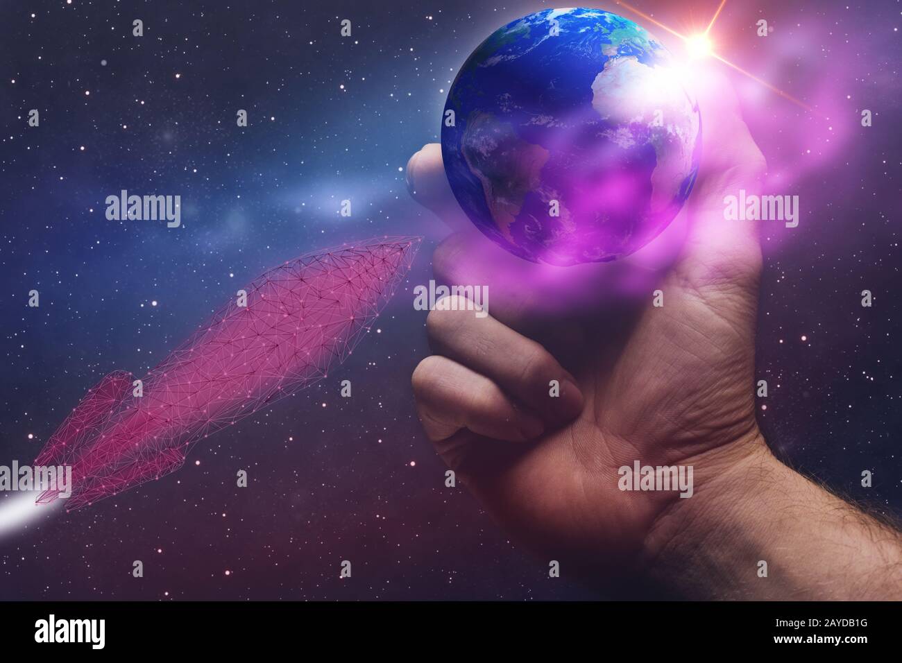 Whole world in human hands plam and Rocket low poly. Mixed media Stock ...