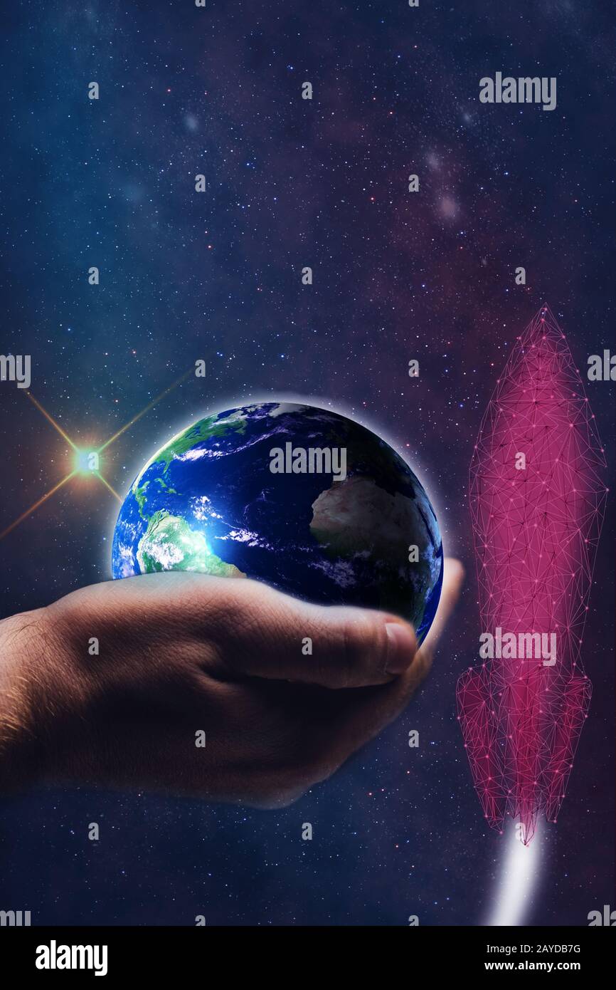 Whole world in human hands plam and Rocket low poly. Mixed media Stock ...