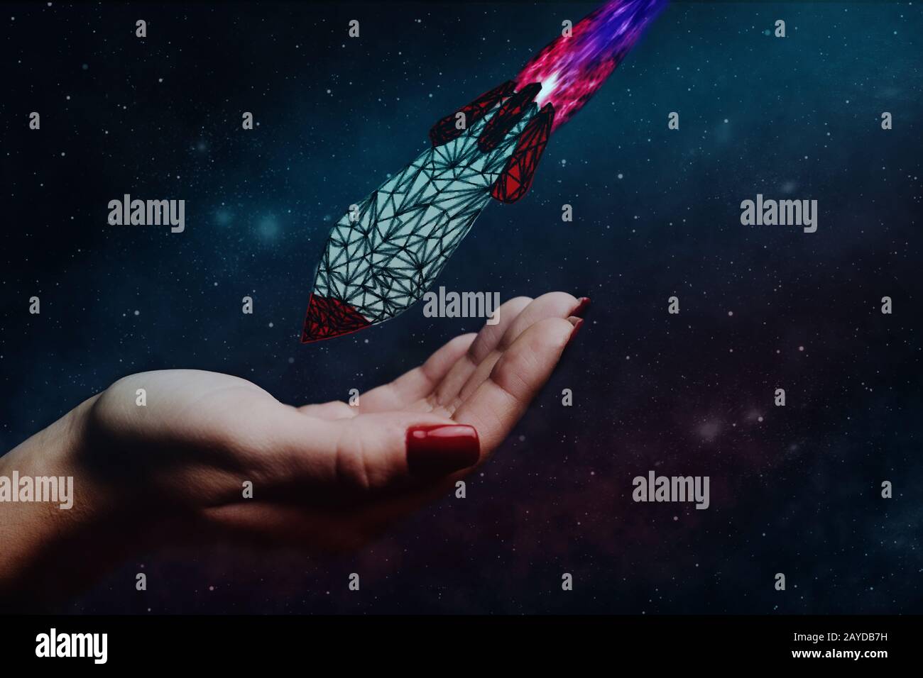 Human hand holding Rocket low poly. Nebula dust. Mixed media Stock ...