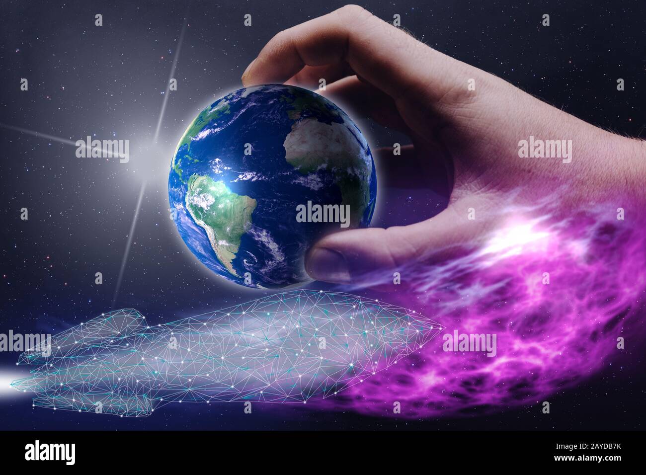 Whole world in human hands plam and Rocket low poly. Mixed media Stock ...