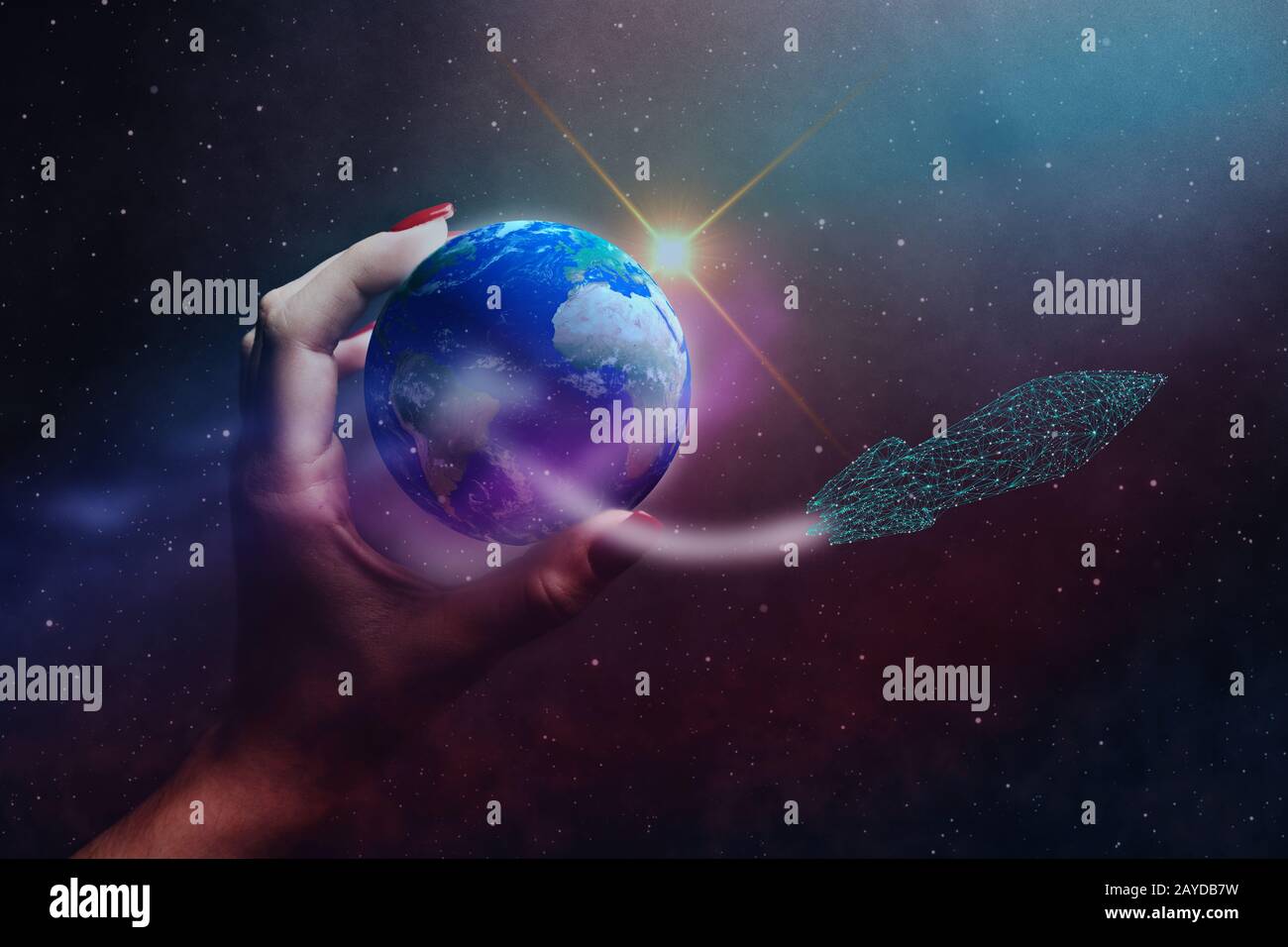 Whole world in human hands plam and Rocket low poly. Mixed media Stock ...