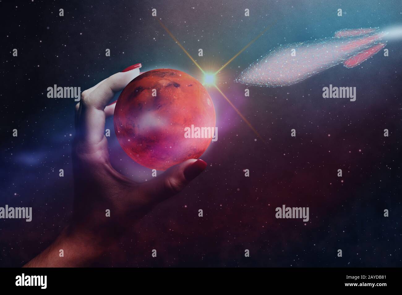 Whole world in human hands plam and Rocket low poly. Mixed media Stock ...