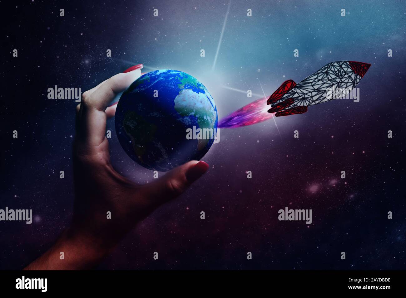 Whole world in human hands plam and Rocket low poly. Mixed media Stock ...