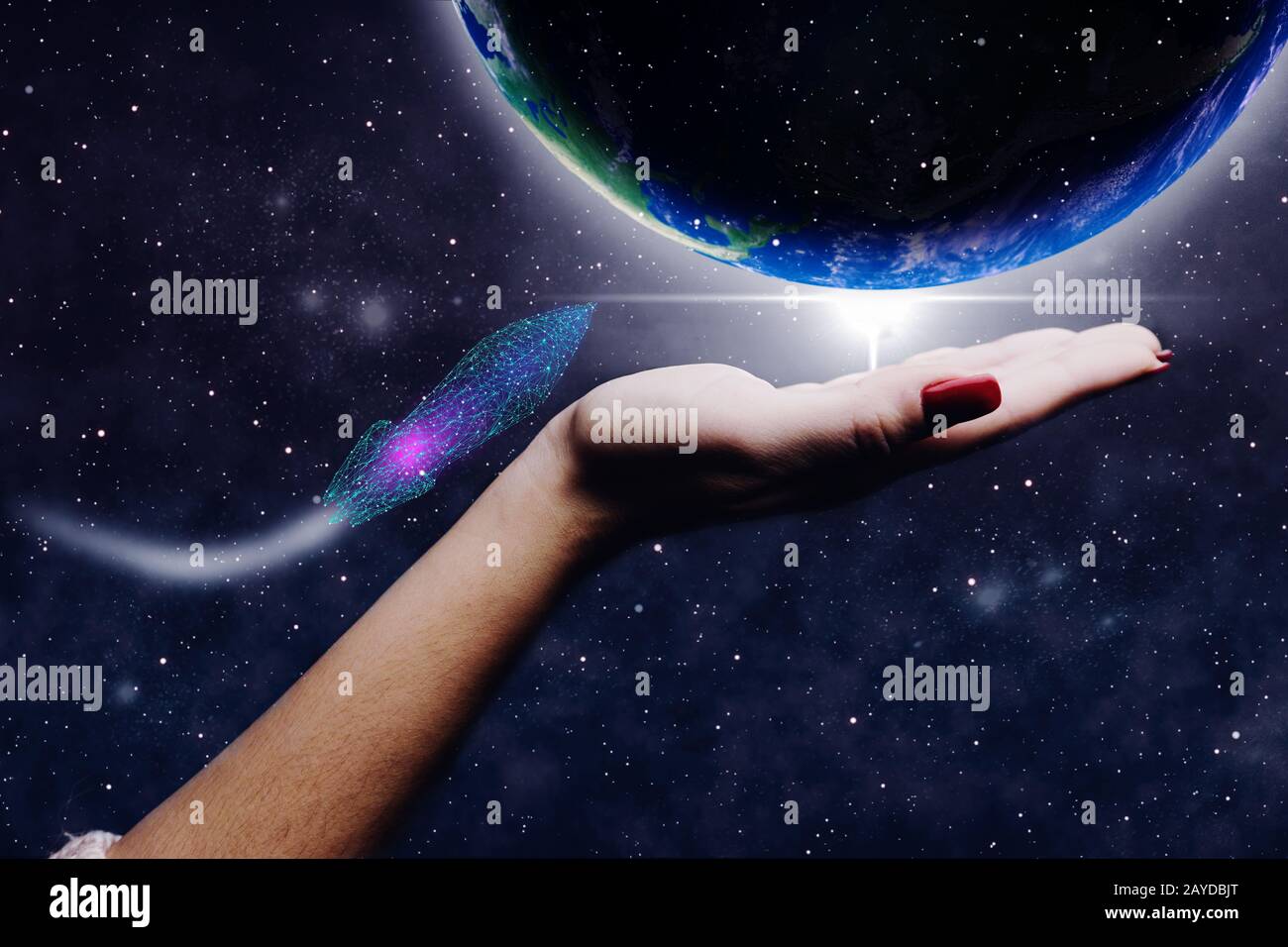 Whole world in human hands plam and Rocket low poly. Mixed media Stock ...