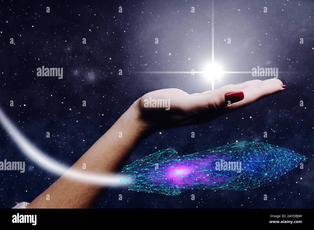 Human forefinger touches spaceship. Nebula dust in infinite space ...