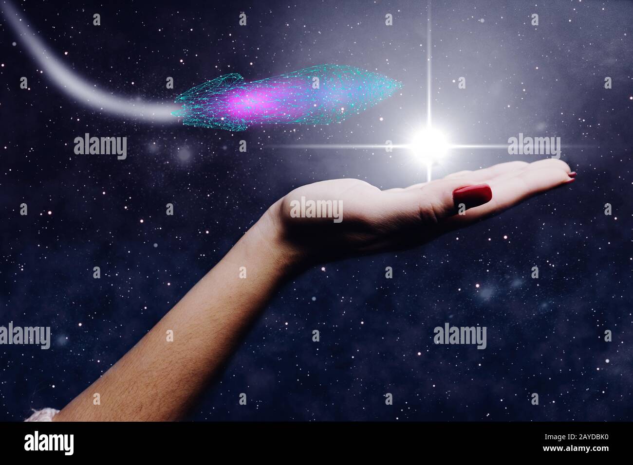 Human forefinger touches spaceship. Nebula dust in infinite space ...