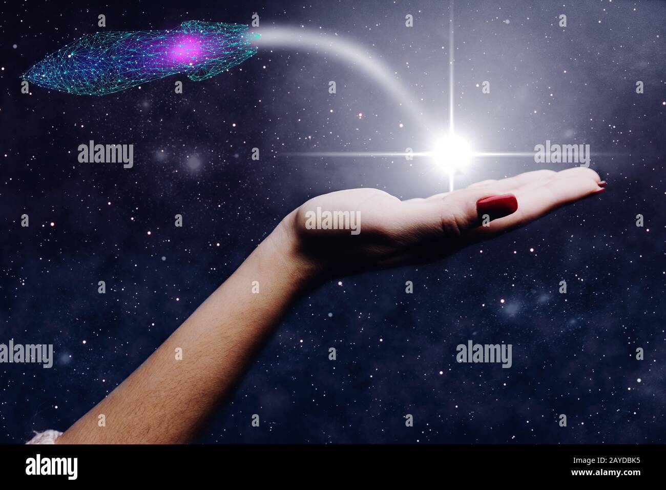 Human forefinger touches spaceship. Nebula dust in infinite space ...