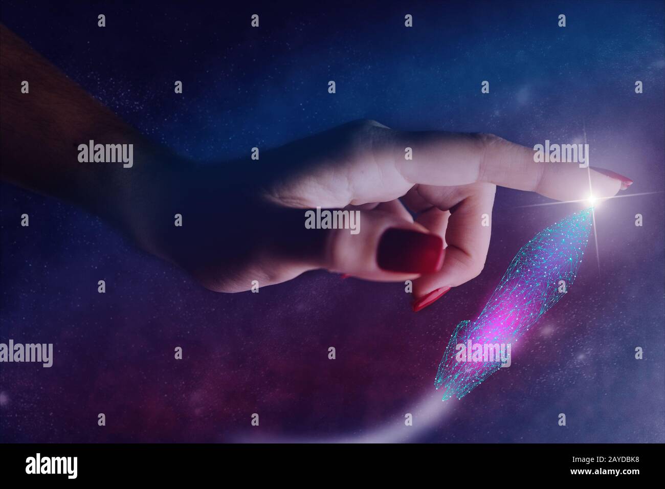 Human forefinger touches spaceship. Nebula dust in infinite space ...