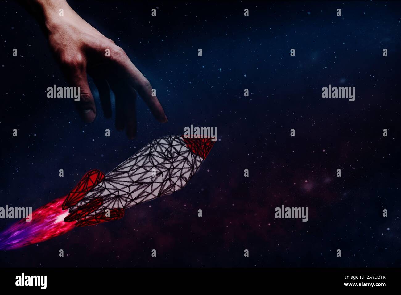 Human forefinger touches spaceship. Nebula dust in infinite space ...