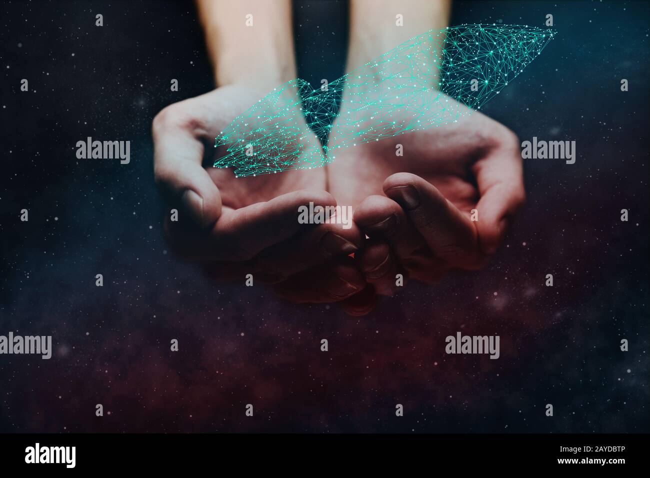 Human hand holding Rocket low poly. Nebula dust. Mixed media Stock ...