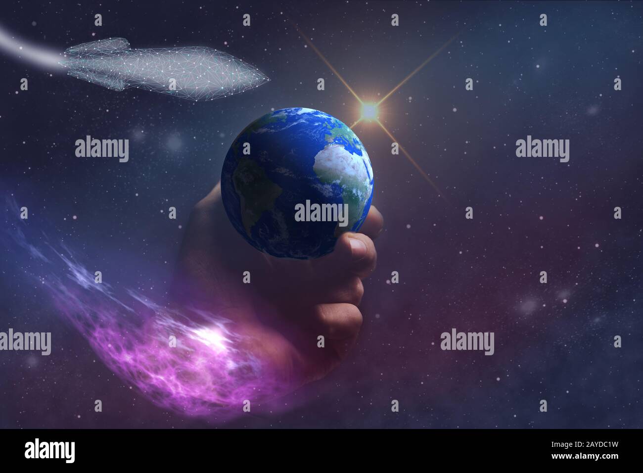 Whole world in human hands plam and Rocket low poly. Mixed media Stock ...